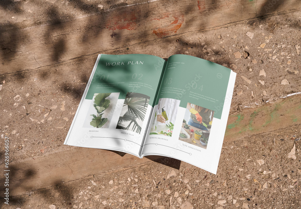 Mockup of vertical A4 magazine with customizable front cover on step ...