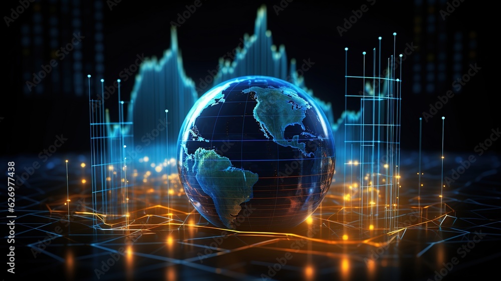 Planet Earth with a glowing display of financial investment data. Graph ...