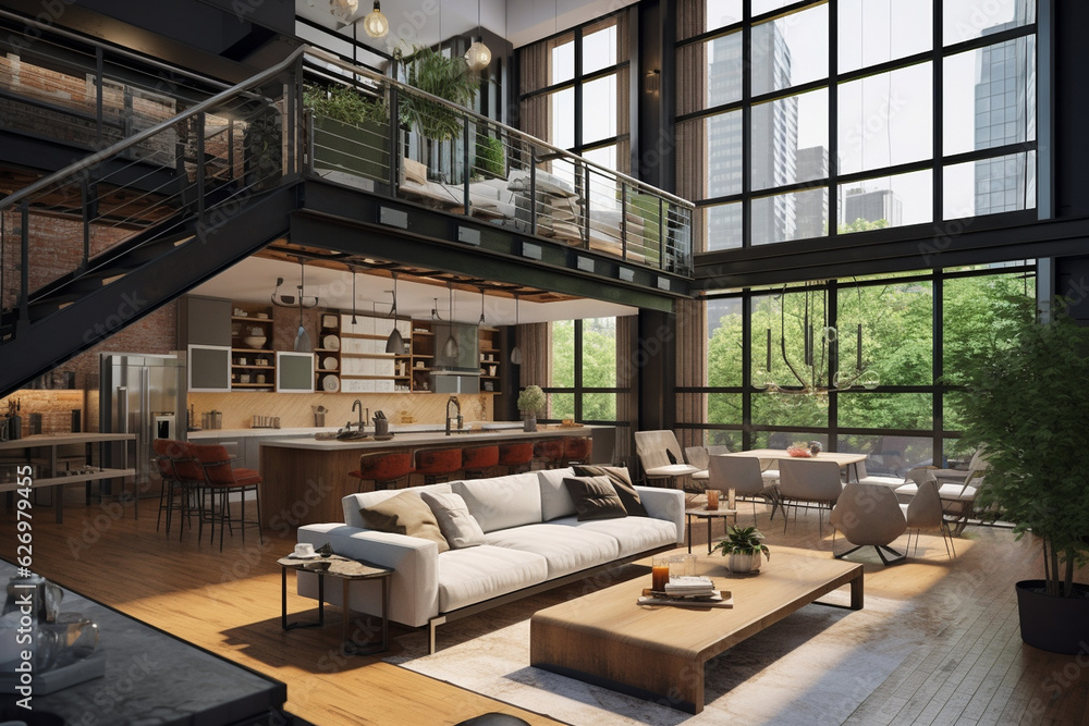 Create a loft apartment with a mezzanine level, steel staircase, and ...