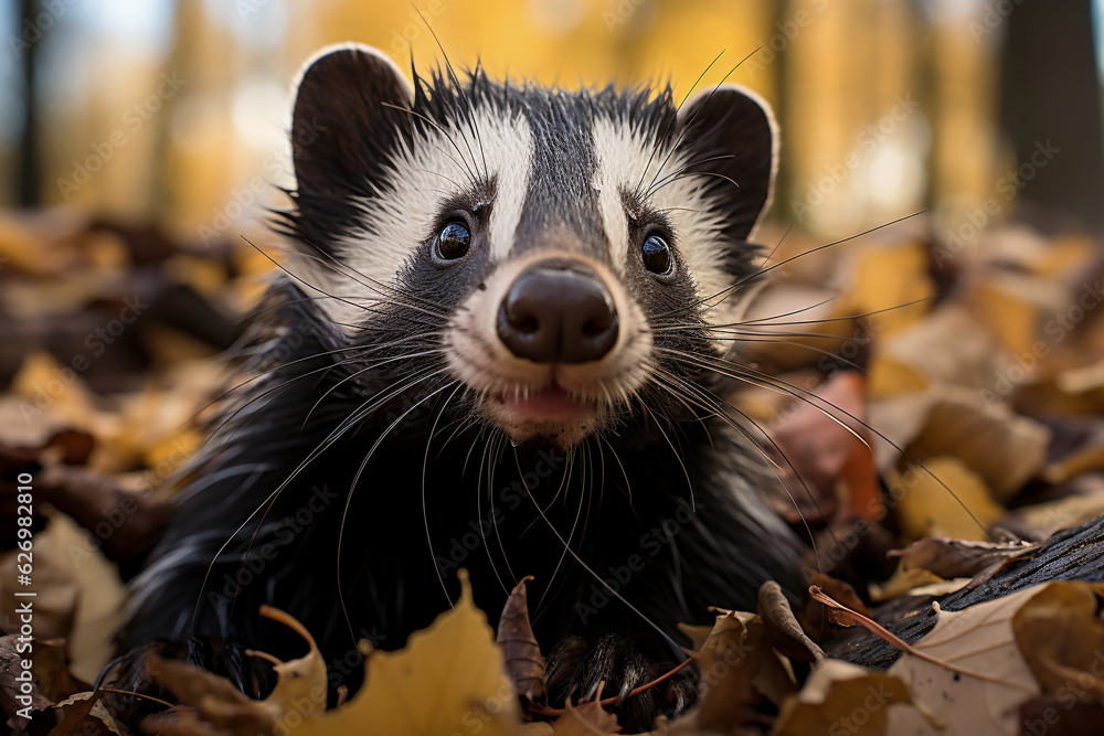 funny skunk cautiously tiptoes through the fallen leaves, but instead ...