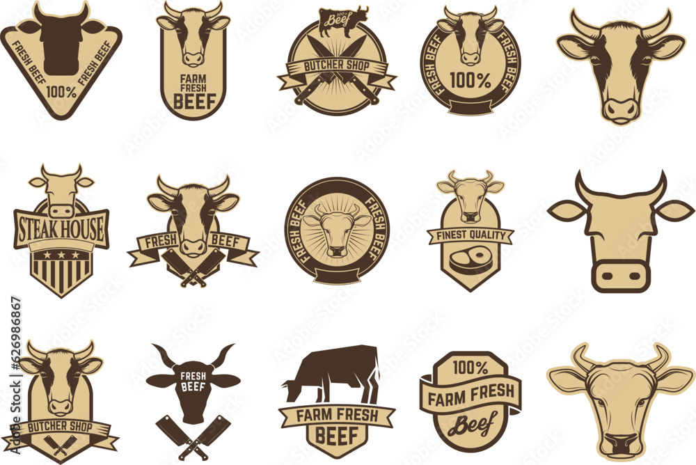 Set of the fresh beef logo. Cow icons. Butchery labels. Design elements ...