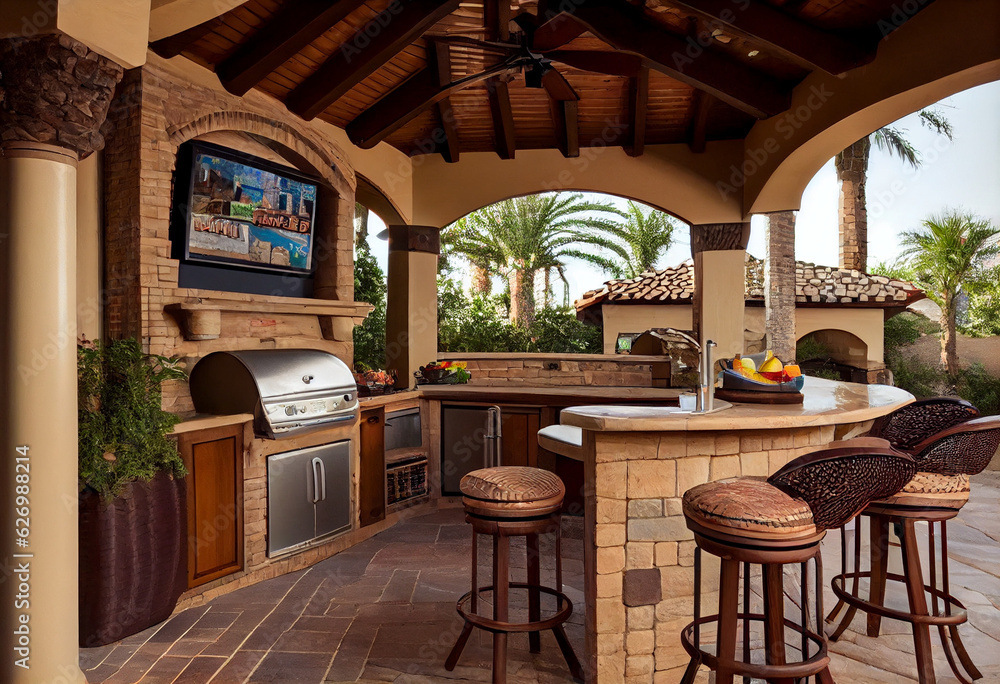 Villa backyard. Patio with chairs; table; and a fireplace and BBQ area ...