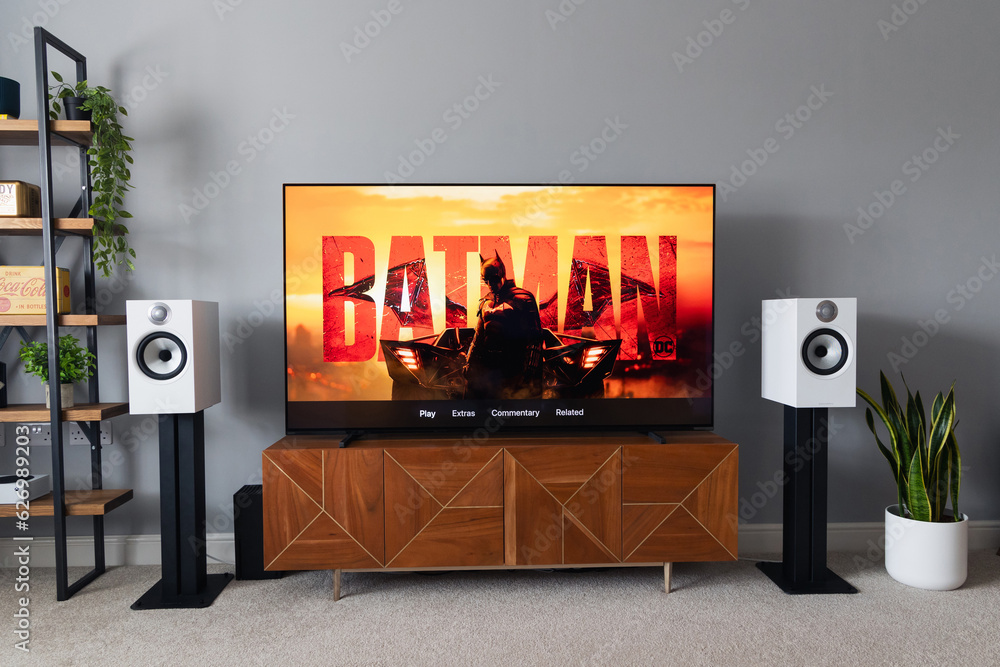 LONDON - JULY 11, 2023: Batman movie on OLED TV television screen in ...