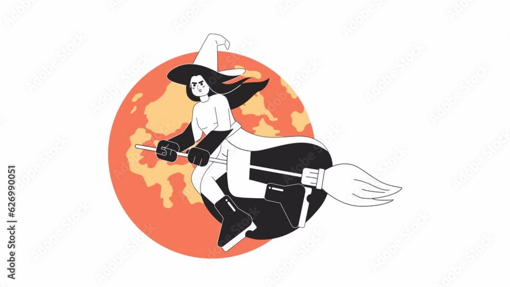 Scary witch halloween bw 2D animation. Mysterious sorceress with moon ...