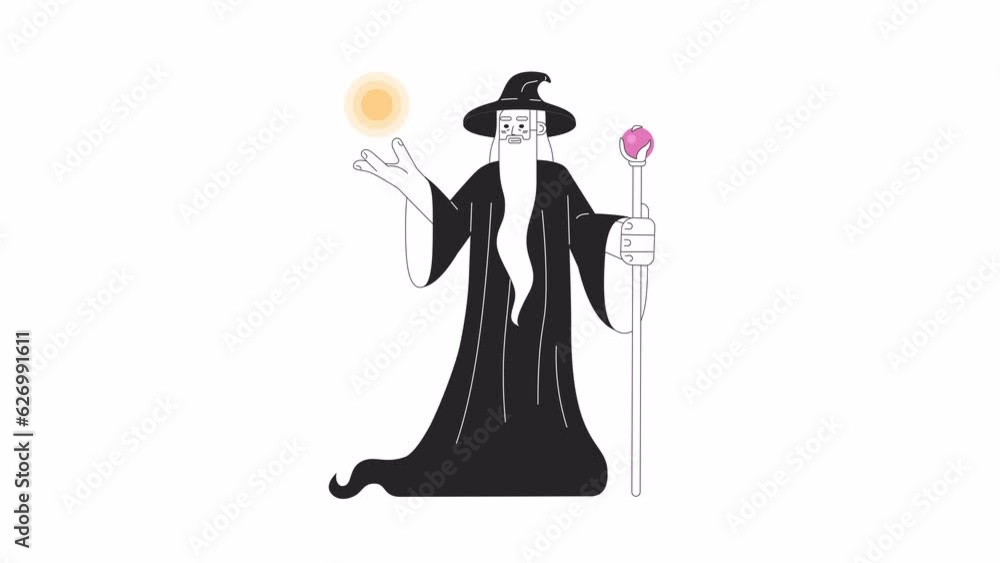 Merlin wizard spelling fireball bw cartoon animation. Magician with ...