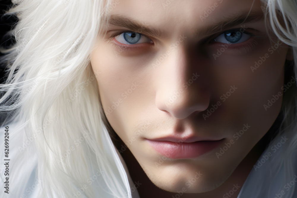Extreme close-up portrait of a very handsome young man with blue gray ...
