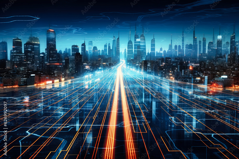 Digital data super highway concept - high-rise city at night with tall ...