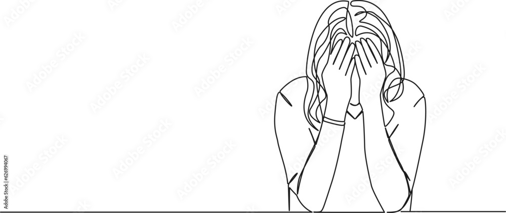 continuous single line drawing of crying woman covering face with hands ...