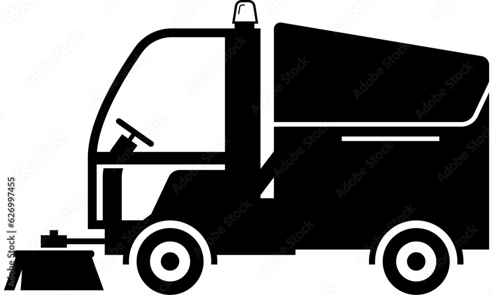 Vehicle cleaning streets with brushes. Sweeper icon. Car vacuum cleaner ...