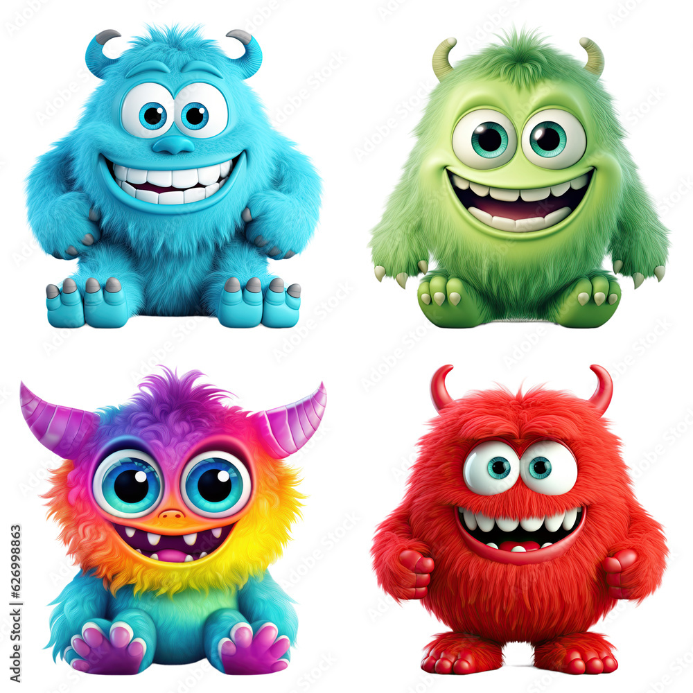 a collection of cute fuzzy grinning monsters isolated on a transparent ...