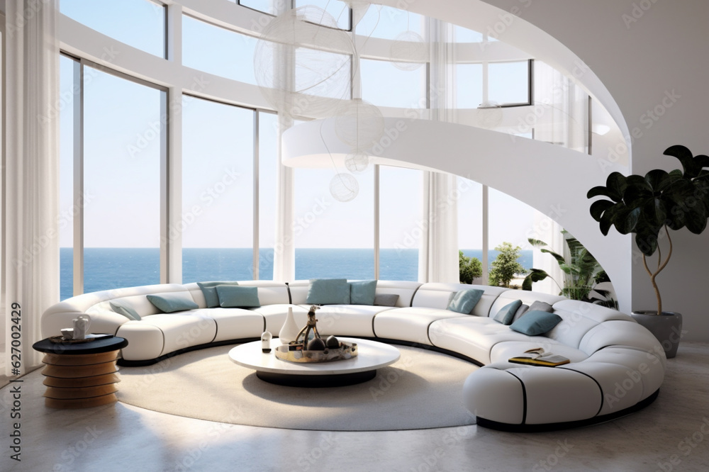 White large modern living room, ocean view background, modern Italian ...