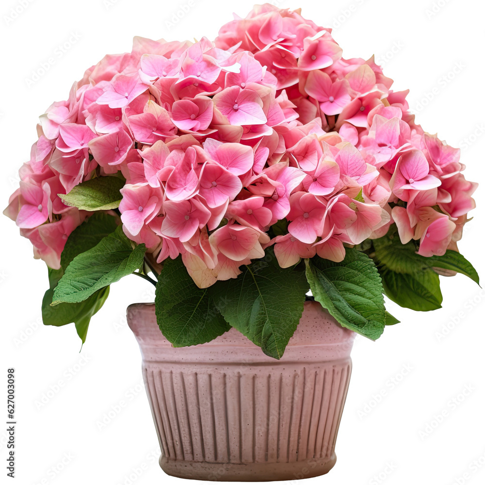 Pink hydrangea bush in a clay pot isolated on transparent background ...