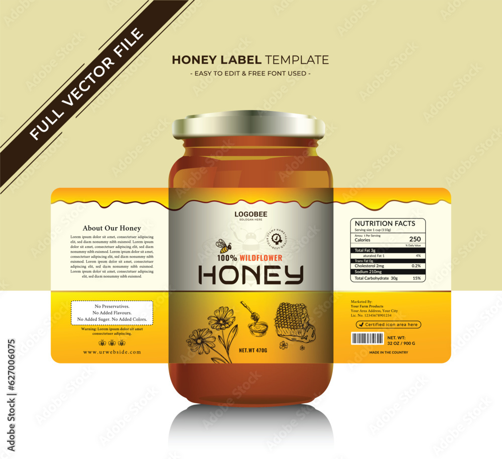 Honey label sticker design with banner honey design natural bee honey ...
