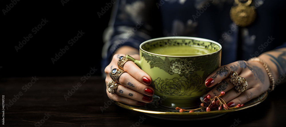 Cup of matcha latte tea in woman's hands with red nails, a lot of rings ...