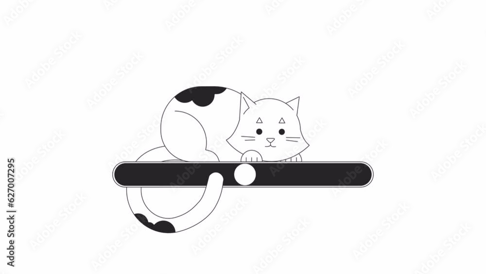 Cute cat watching bw loading bar animation. Volume slider. Wagging tail ...