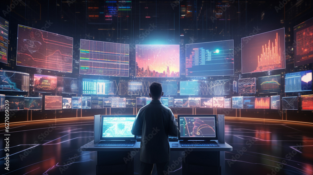 A futuristic trader's setup with holographic price charts floating in ...