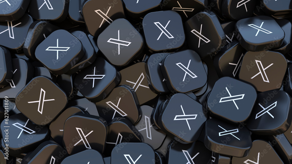 3D rendering a lot of square badges with the new Twitter logo in a ...
