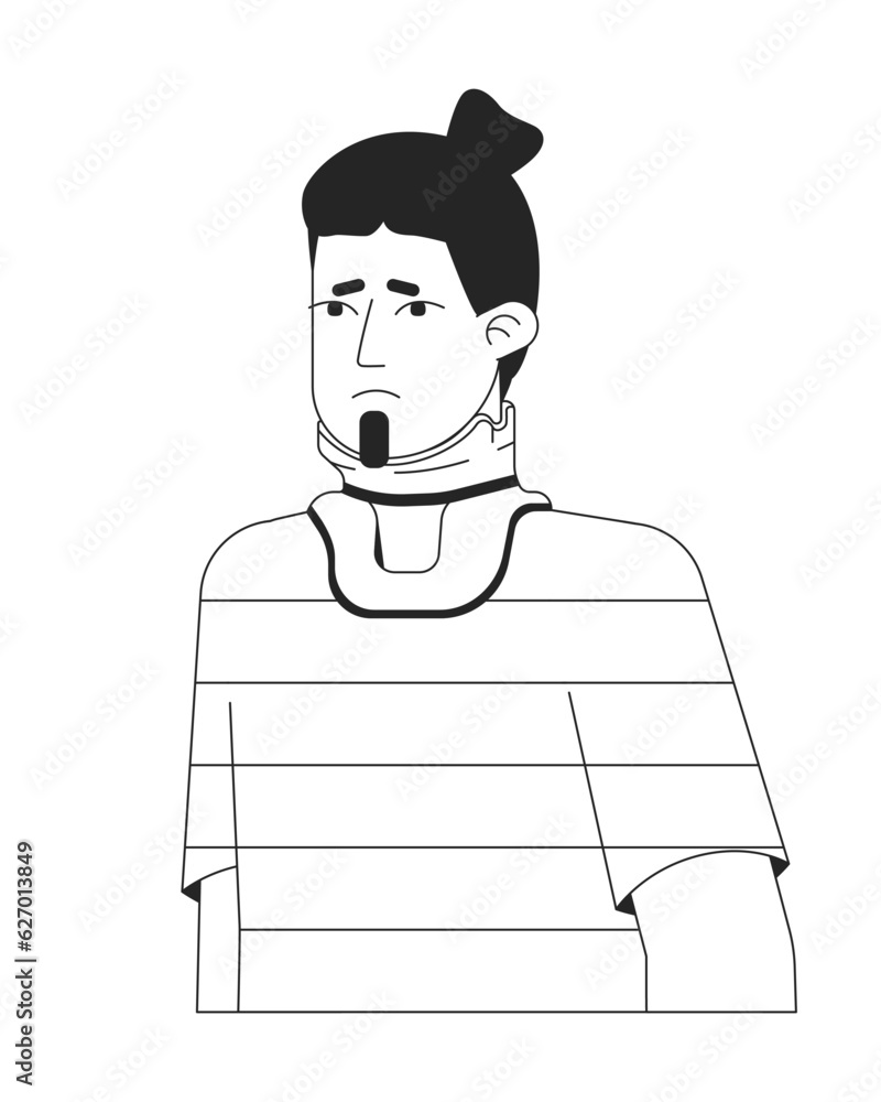 Unhappy guy has neck injury flat line black white vector character ...