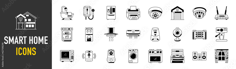 Collection of smart house icons. control of lighting, heating, air ...
