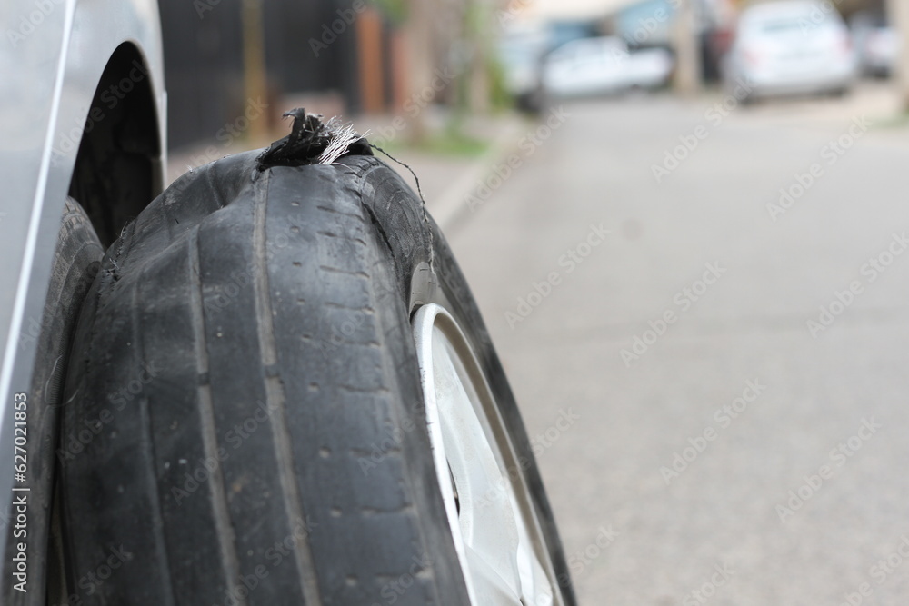 Rueda de vehículo rota. Se ve reventada y sobresale la malla del ...