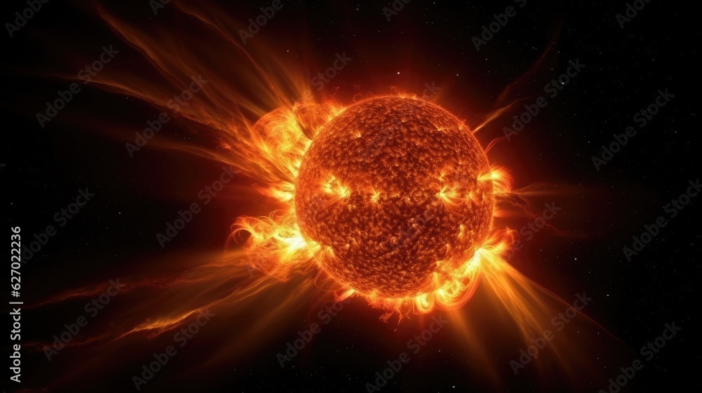 Solar flare in Sun black space background, eruption of electromagnetic radiation in Sun ...