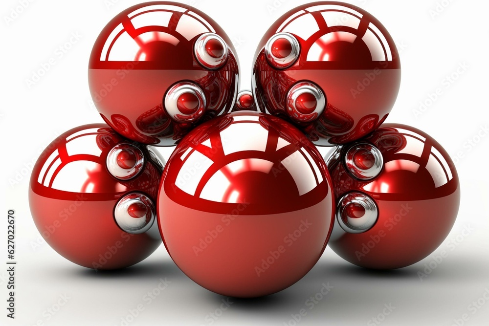 Six connected red and chrome balls as teamwork group on a transparent ...