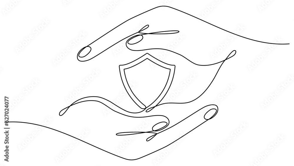 Hands holding shield badge continuous one line drawing. Guard protect ...
