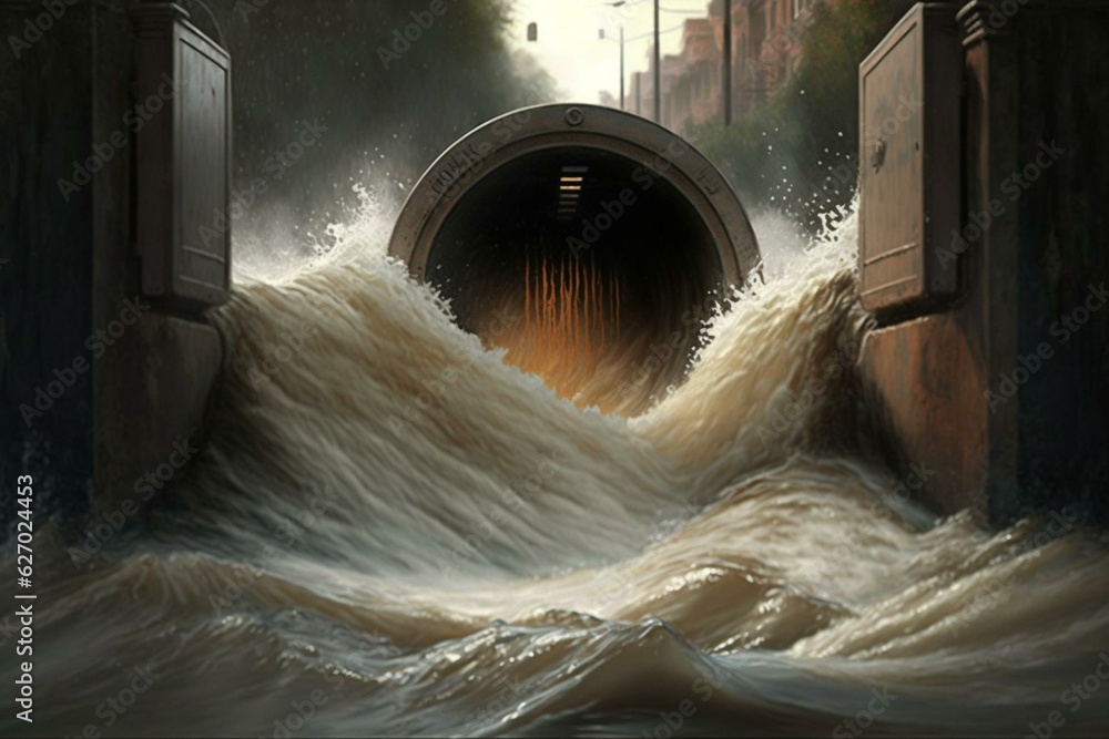 Heavy rain causes overflow in storm sewer resulting in gushing water ...