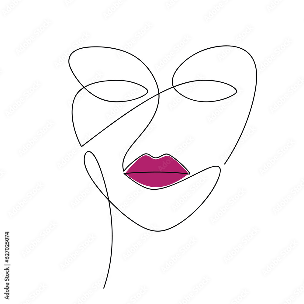Abstract Woman Face Pink Lips Vector Icon Line Continuous Drawing