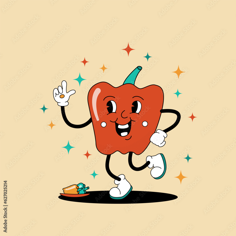 Comic flat Red Pepper with face on decorated background. Vector cartoon ...