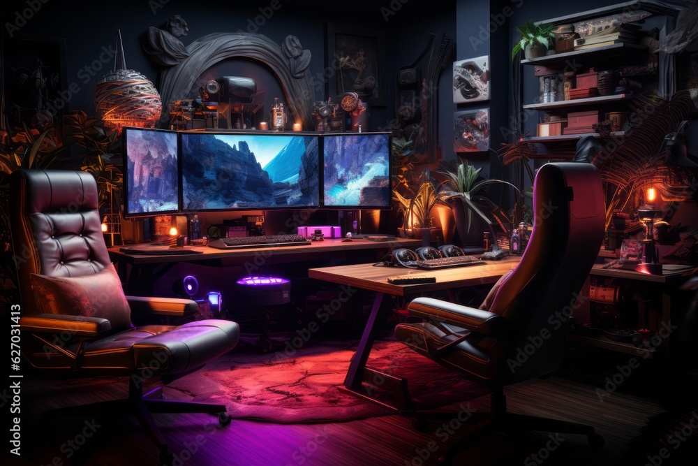 A sleek and modern gaming setup with a high-end PC, ultra-wide monitor ...