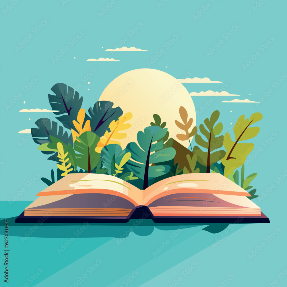 open book with leaves and sun Vector Illustration Stock Vector | Adobe ...