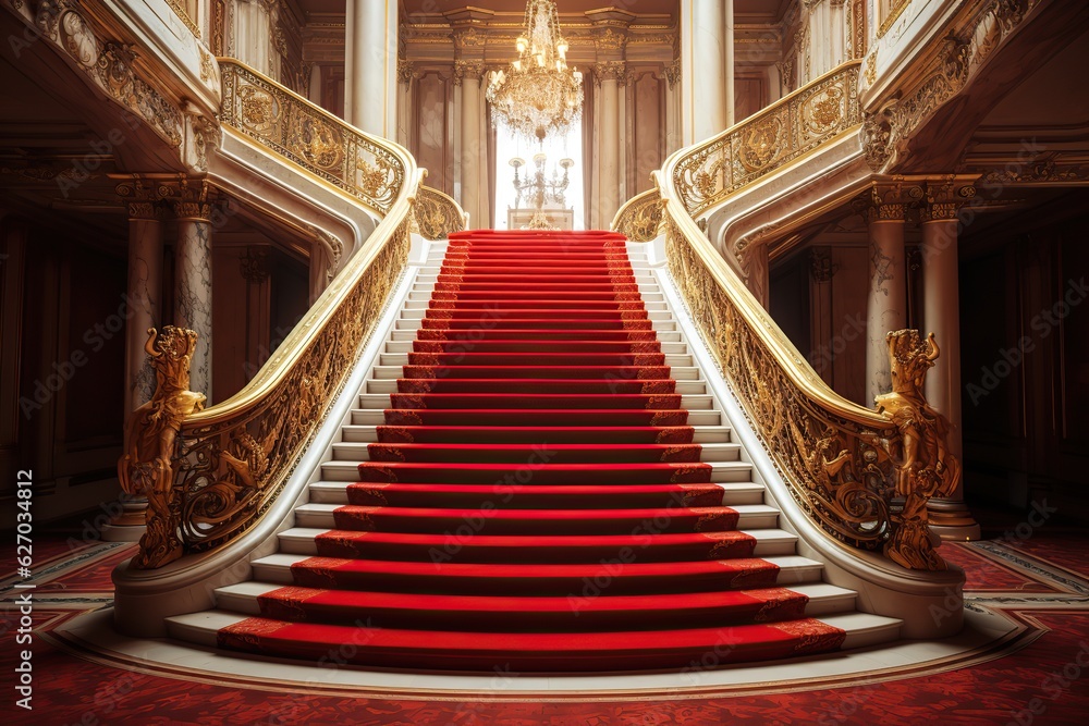 Medieval castle interior. Ai art. palace staircase with red carpet ...