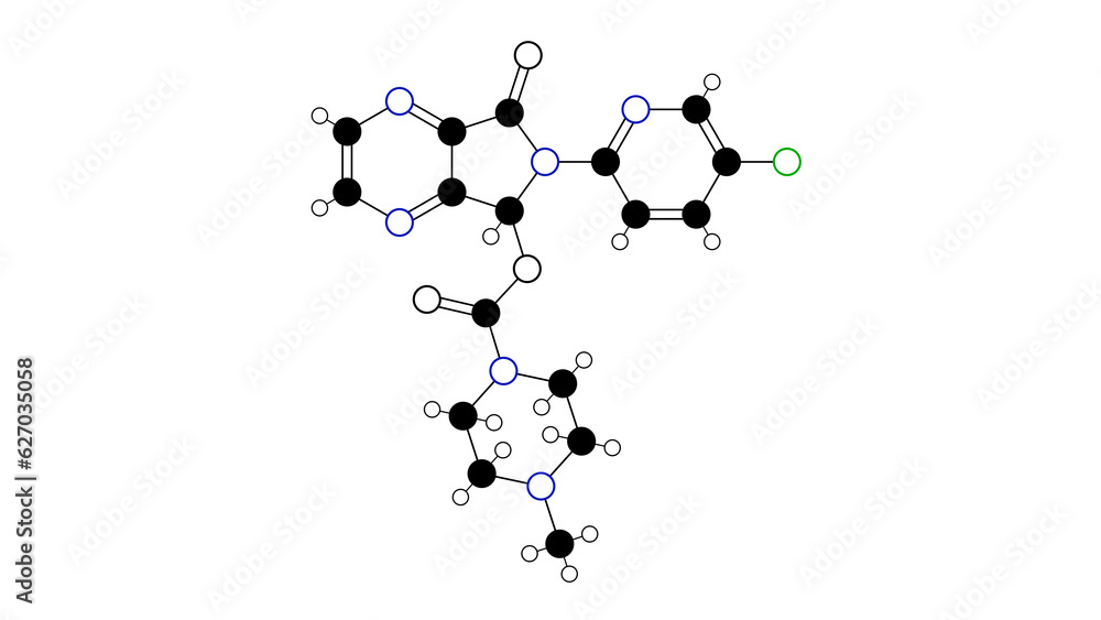 zopiclone molecule, structural chemical formula, ball-and-stick model ...