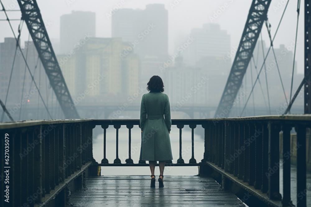 Sad melancholic woman looking on a bridge vintage photo, AI generated ...