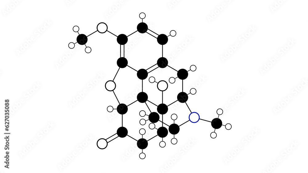 oxycodone molecule, structural chemical formula, ball-and-stick model ...