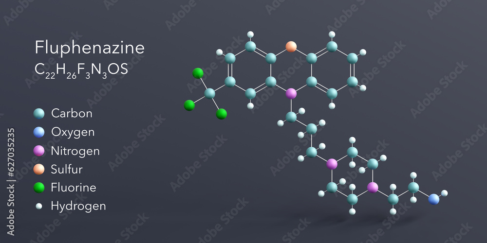 fluphenazine molecule 3d rendering, flat molecular structure with ...