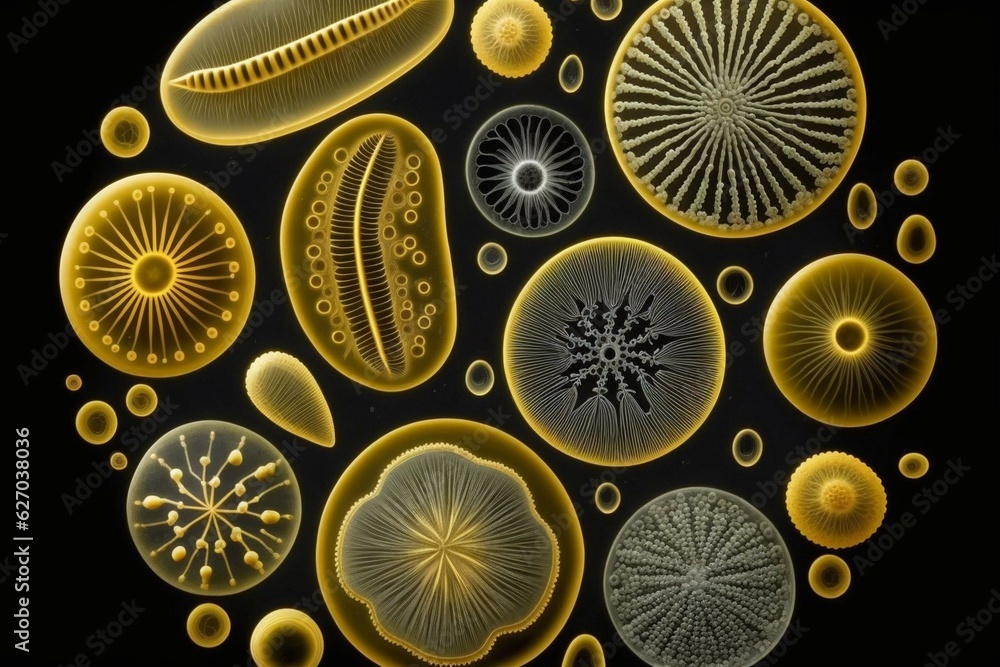 Golden yellow phytoplankton known as diatoms, microscopic silica ...