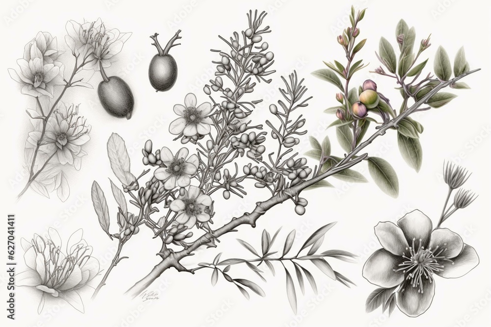 Pencil drawing of manuka plant with flowers, branches and fruit on ...