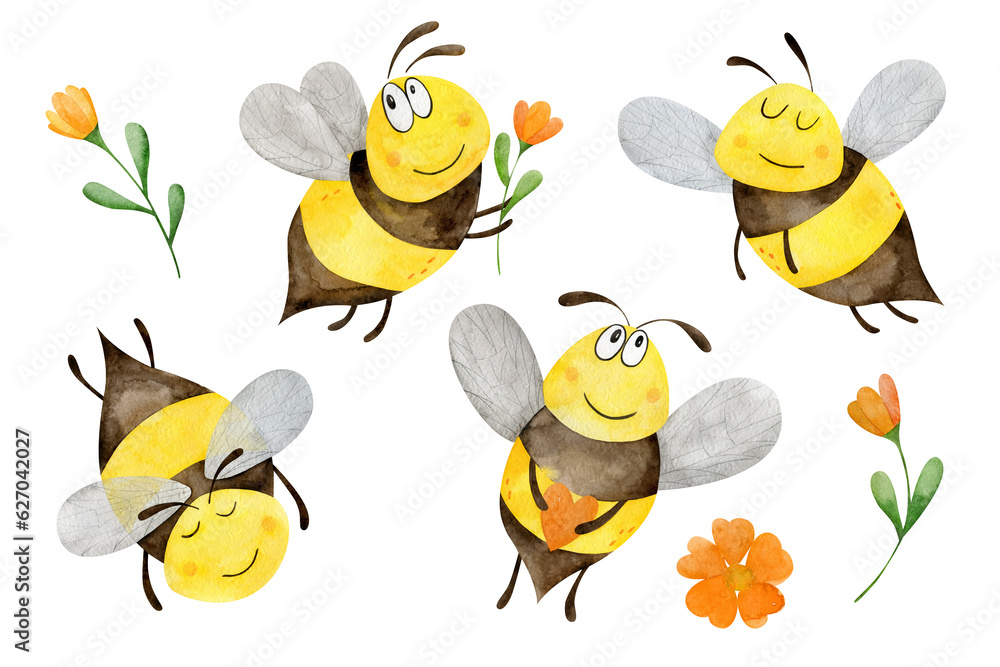 Watercolor cute bee clipart, flowers, summer theme. Flying bee ...