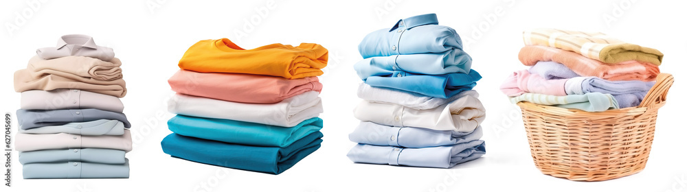 Stack of clean clothes and Wicker basket with clean laundry isolated on ...