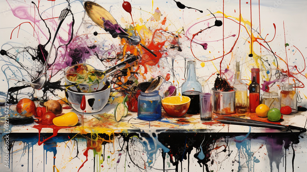 Abstract expressionist depiction of a gluten - free kitchen, with drips ...