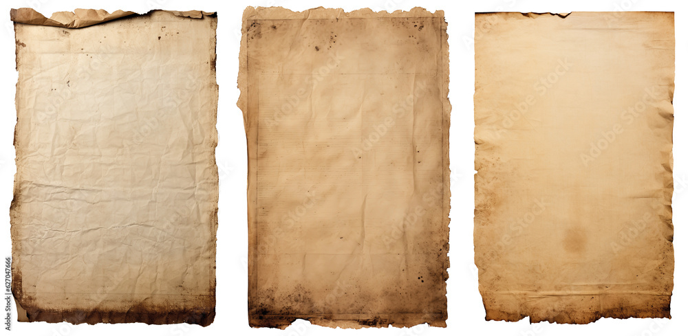 group of Old worn paper sheet isolated on transparent background Stock ...
