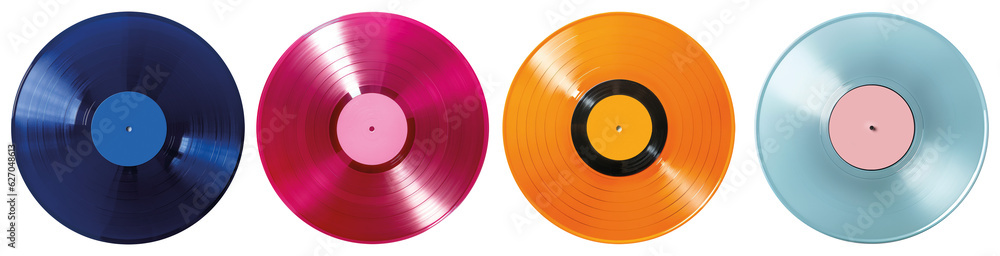 Collection of various color vinyl records with paper labels isolated on ...