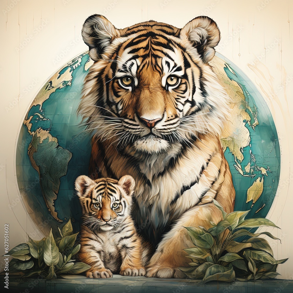 International tiger day a tiger siting with baby tiger earth forest ...