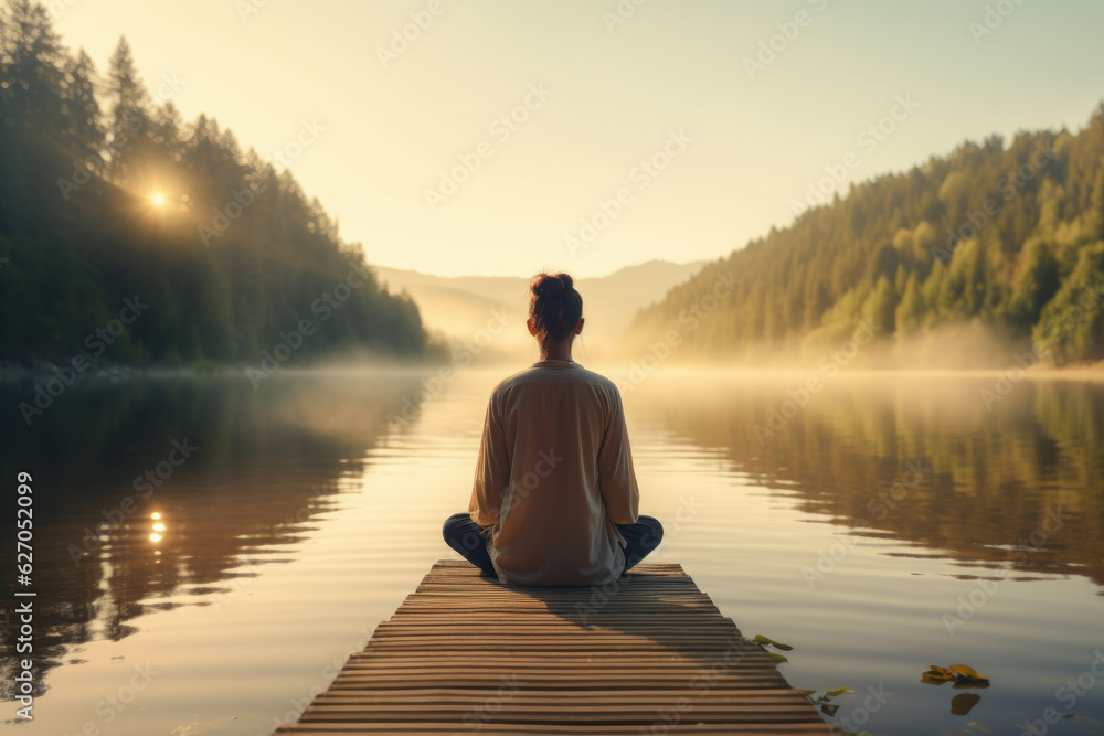Young woman meditating on a wooden pier on the edge of a lake to ...