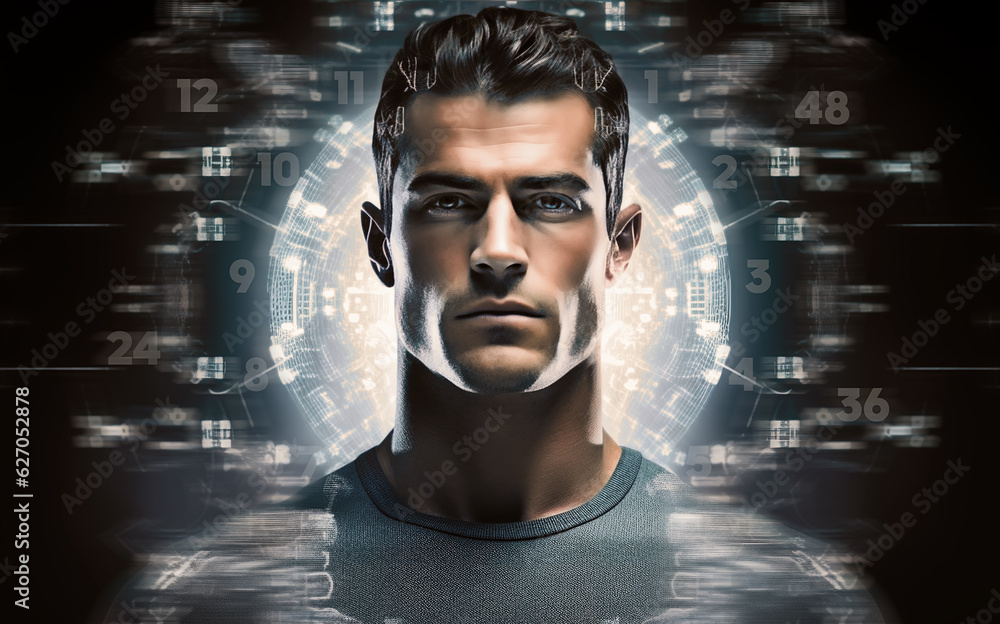 Young man with an illustration of a Clock in the background, Concept ...