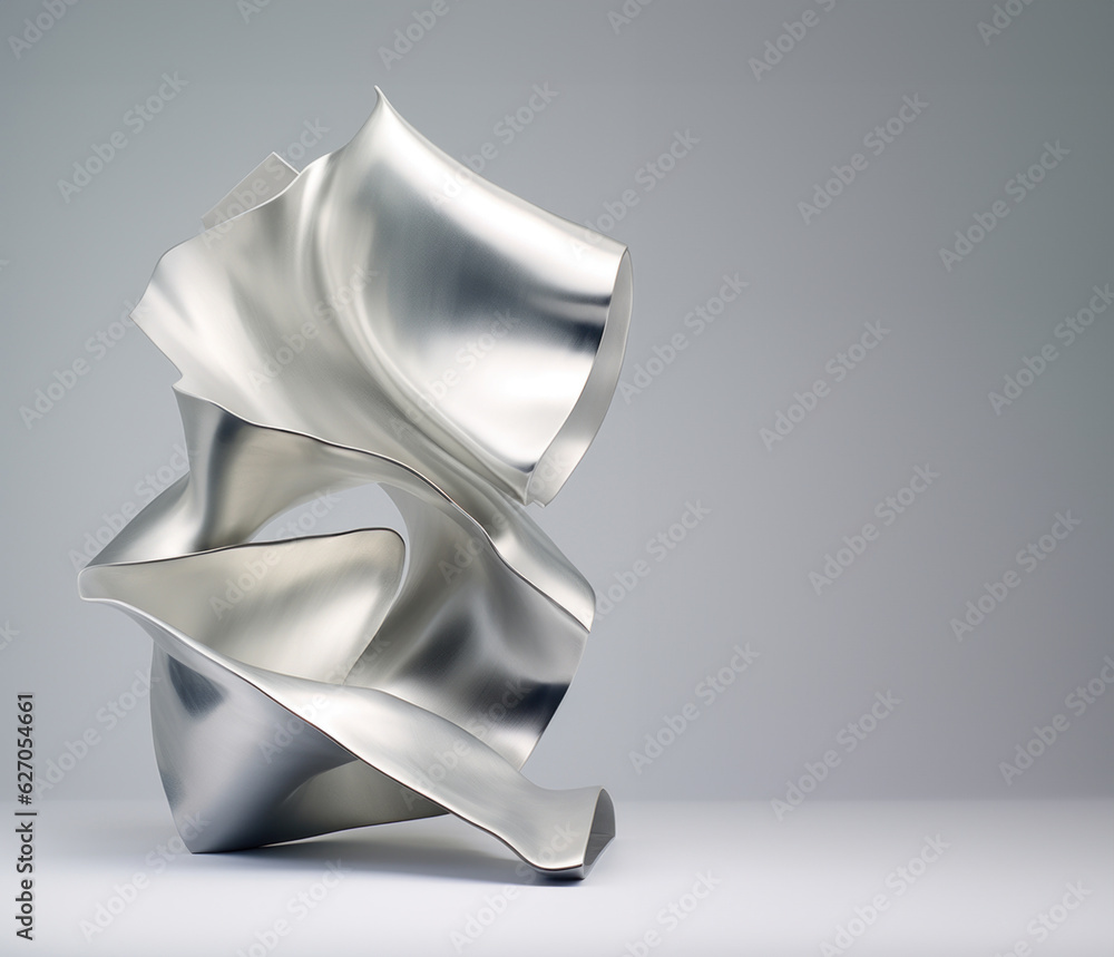 Abstract silver metal shape on a grey background. Metallic, industrial ...