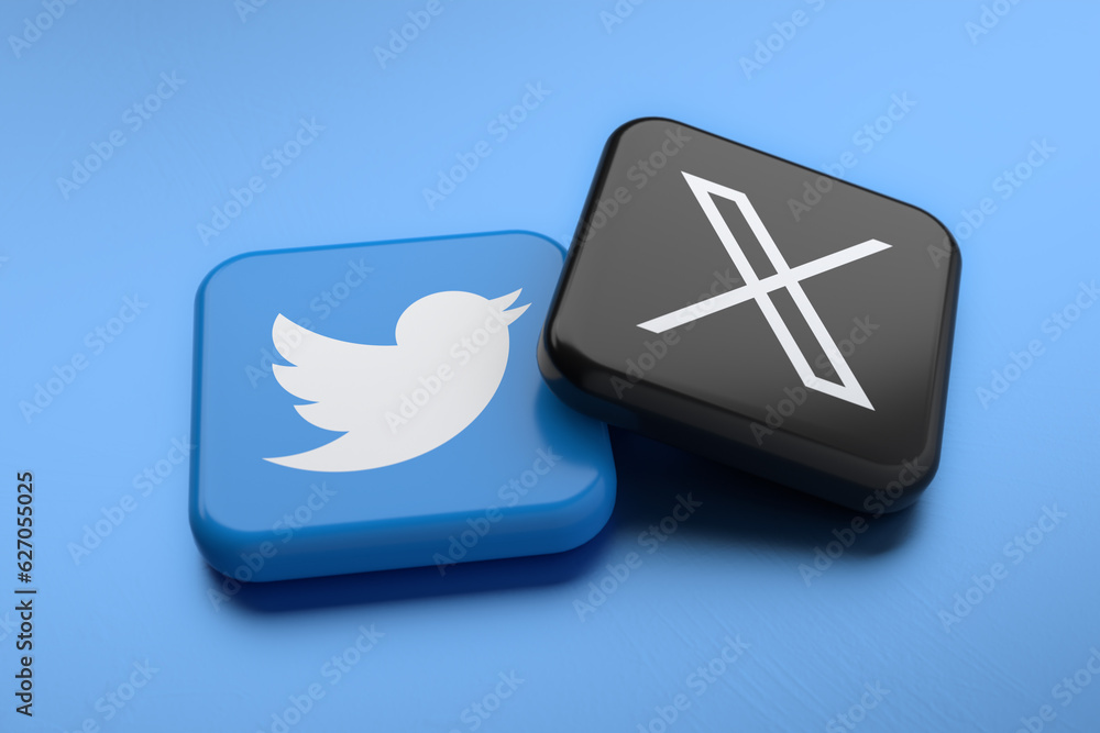 Twitter has been renamed to X by X Corp. Logos of X Corp. on a table ...