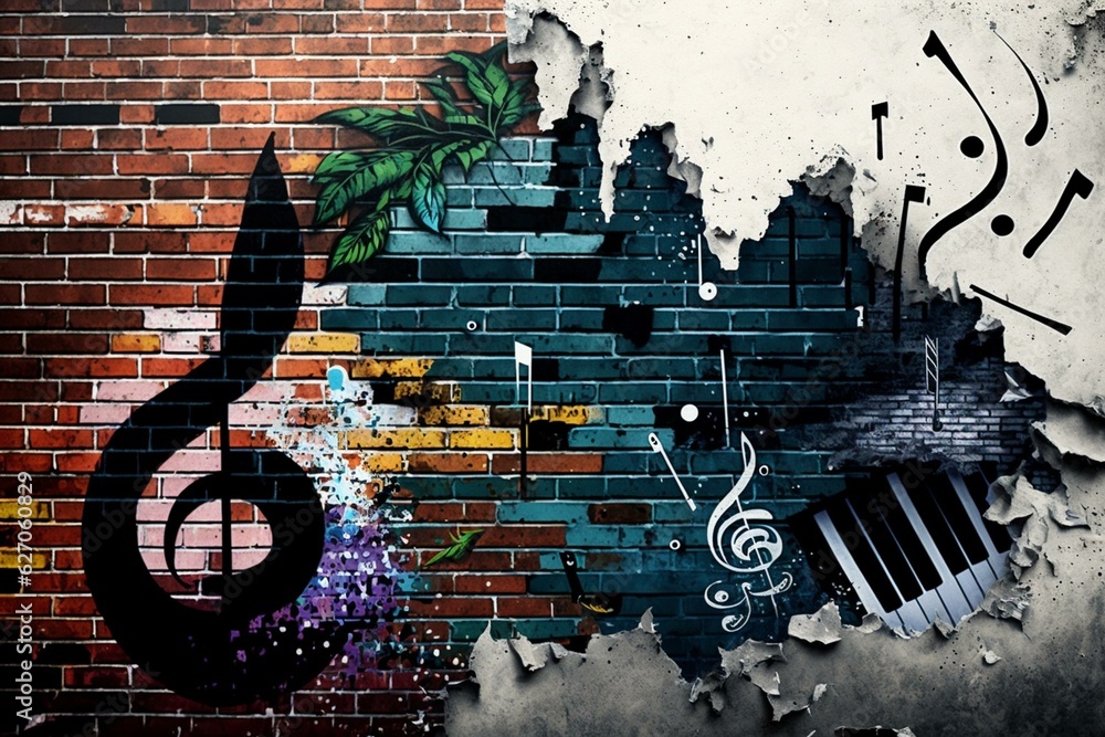Collage of music on a brick wall with graffiti art. Generative AI ...